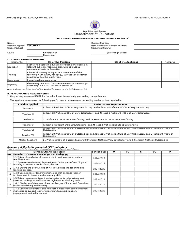 NEW Dasma - Revised Elem JHS - Annex B 1 - RFTP - Form No. 2 A | PDF | Educational Assessment ...