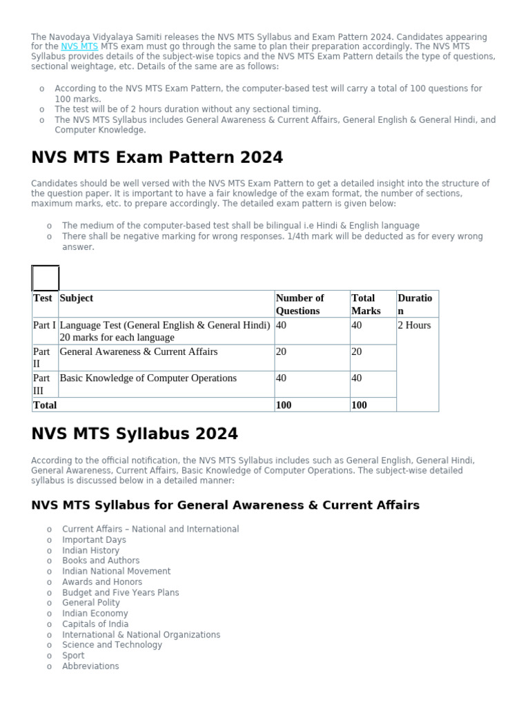 NVS MTS Syllabus and Exam Pattern 2024 | PDF | Verb | Linguistics