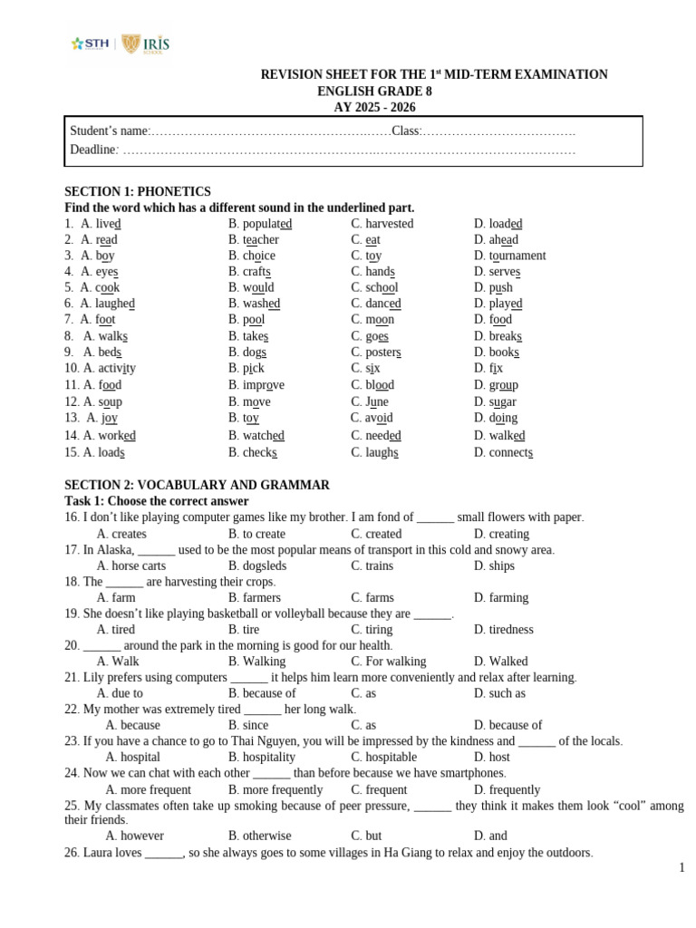 Grade 8-Revision Sheet for the 1st Midterm Exam | PDF | Agriculture