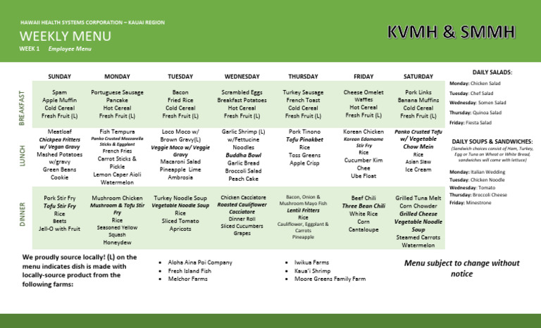 Kauai Region Weekly Employee Menu | PDF | Salad | European Cuisine