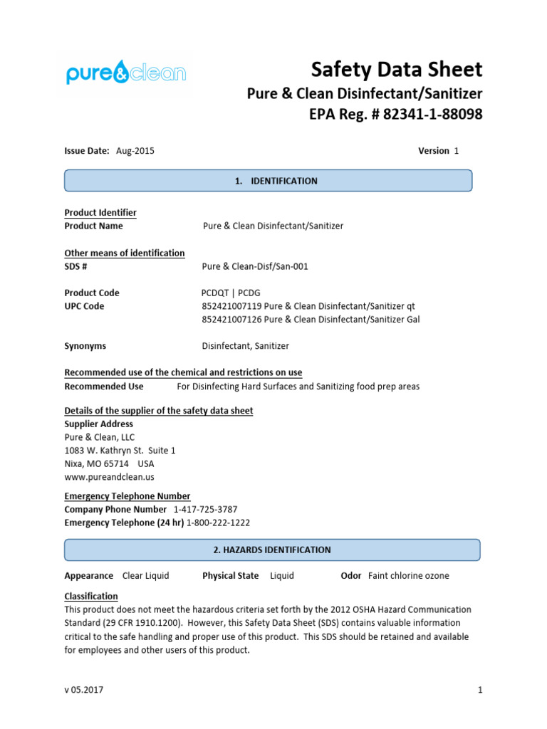 Pure & Clean Disinfectant SDS Guide | PDF | Disinfectant | Water