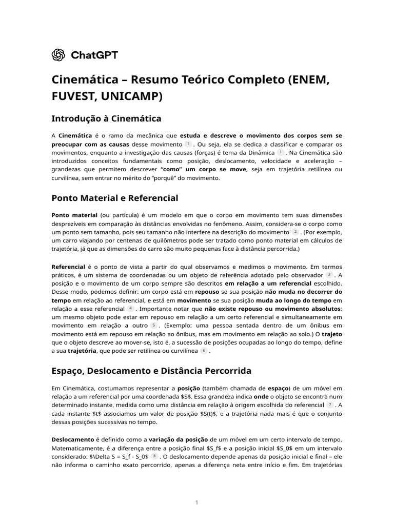 Cinemática – Resumo Teórico Completo (ENEM, FUVEST, UNICAMP) | PDF ...