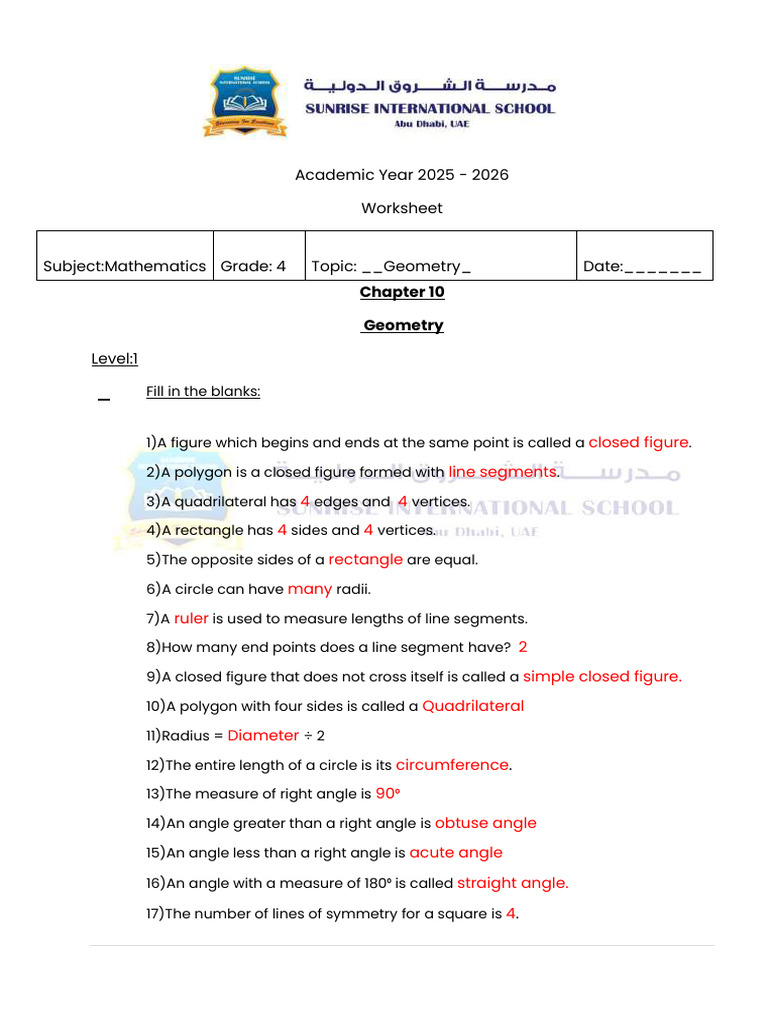 GRADE 4 Geometry Worksheet Answer Key ETH | PDF | Circle | Rectangle