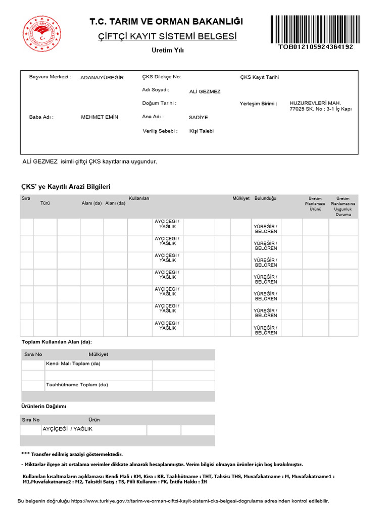 Tarim Ve Orman Ciftci Kayit Sistemi Cks Belgesi Sorgulama Gercek Kisi | PDF