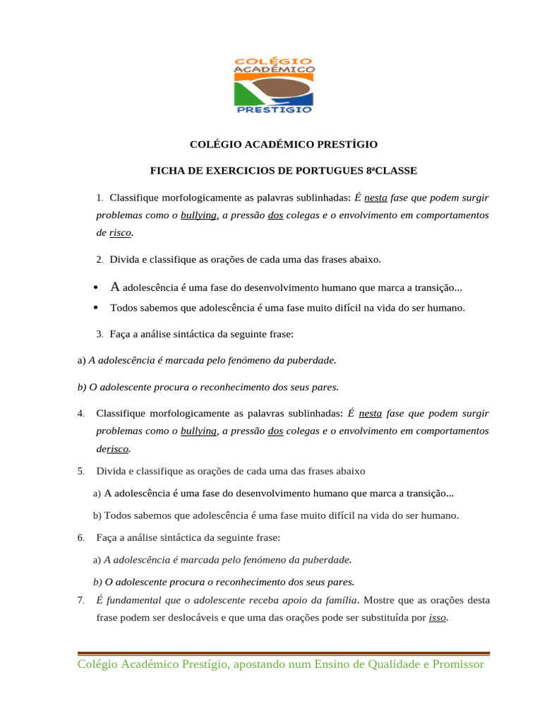 Ficha de Exercicios 8classe | PDF