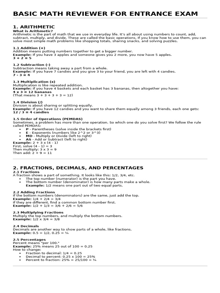 Basic Math Review for Entrance Exam | PDF | Numbers | Percentage