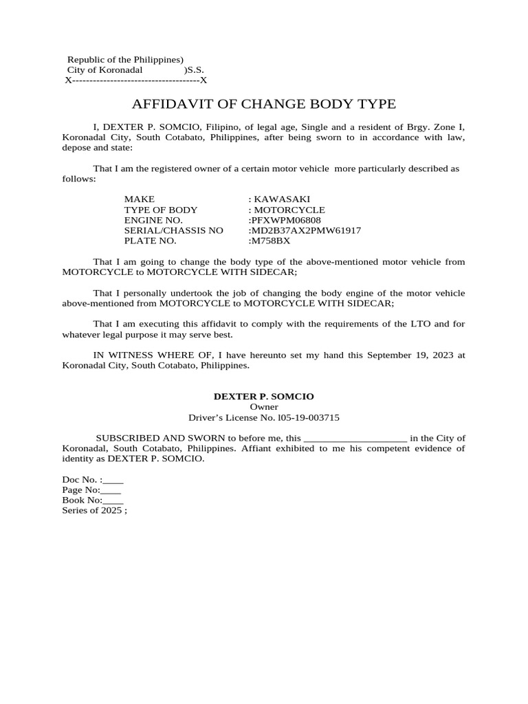 Affidavit for Vehicle Body Change | PDF