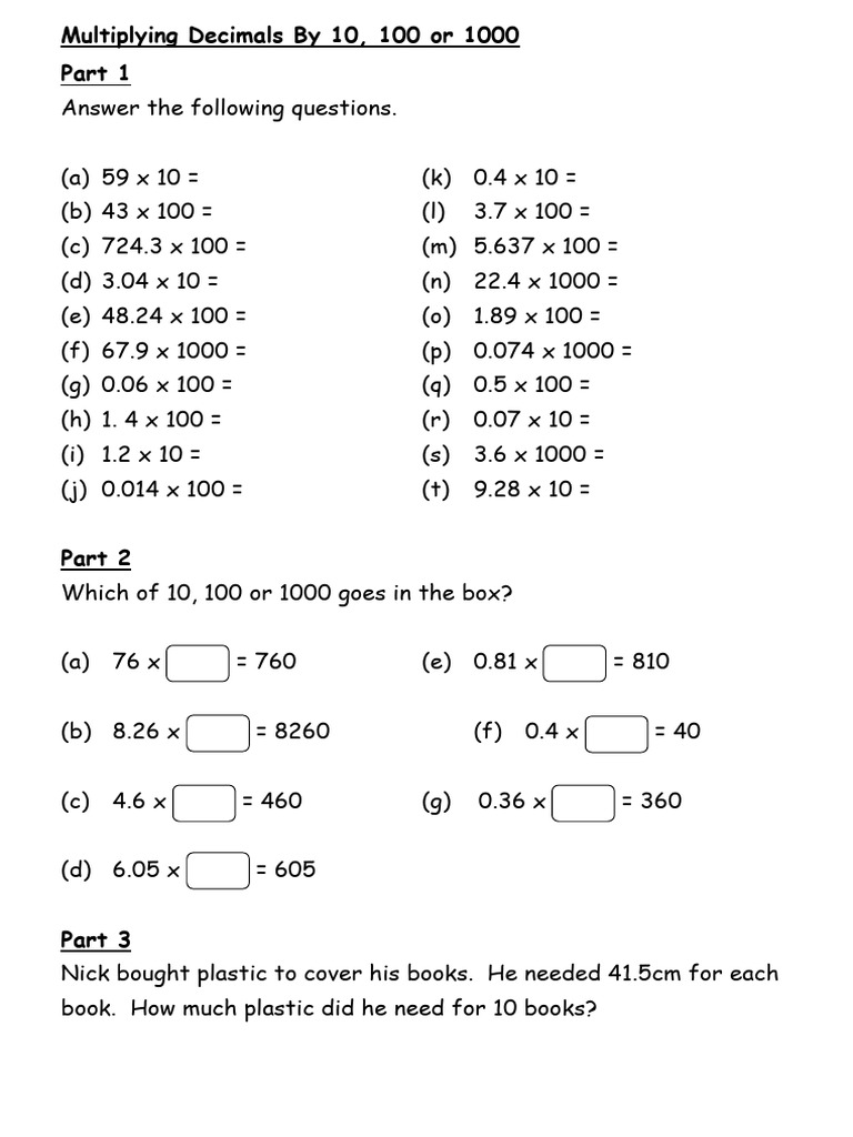 Multiplying Decimals by 10- 100 or 1000 (2) | PDF