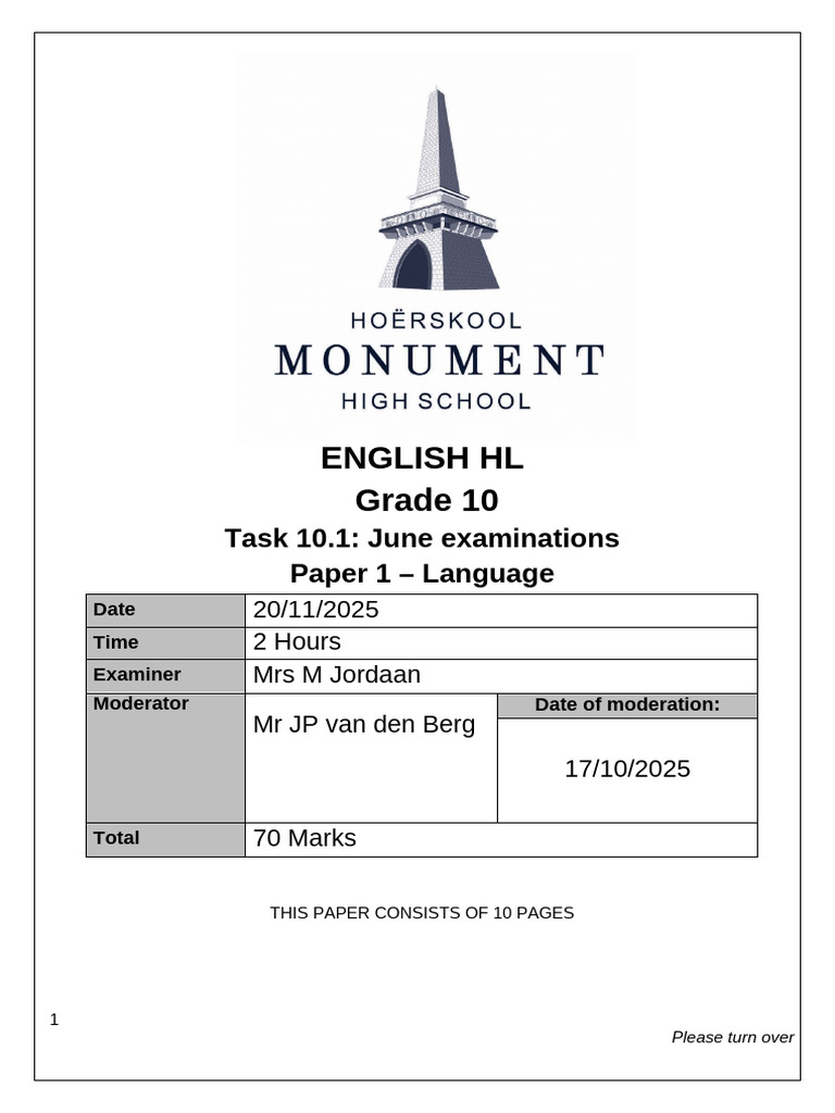 Grade 10 English Exam Paper 1 Guide | PDF | Octopus