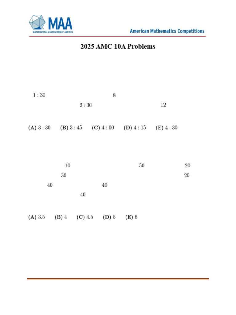 2025 AMC 10A Problem Set and Solutions | PDF | Area | Triangle