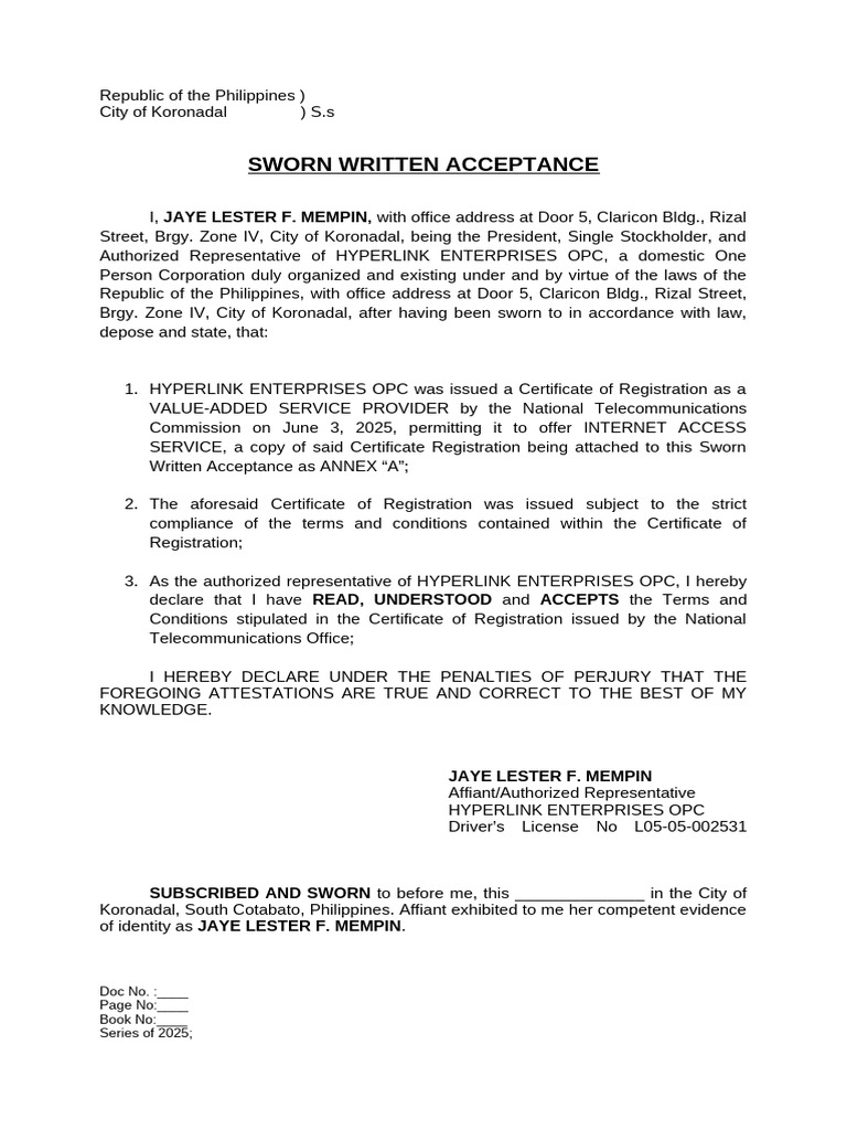 Written Sworn Acceptance Mempin | PDF