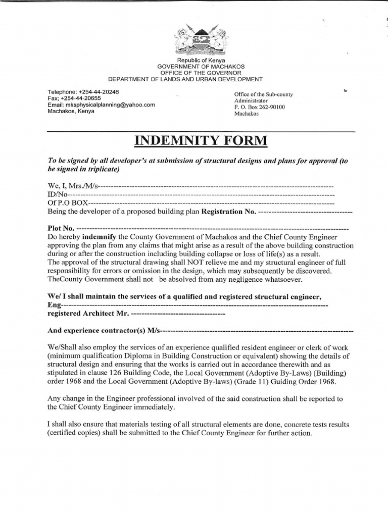 Machakos Indemnity Form | PDF
