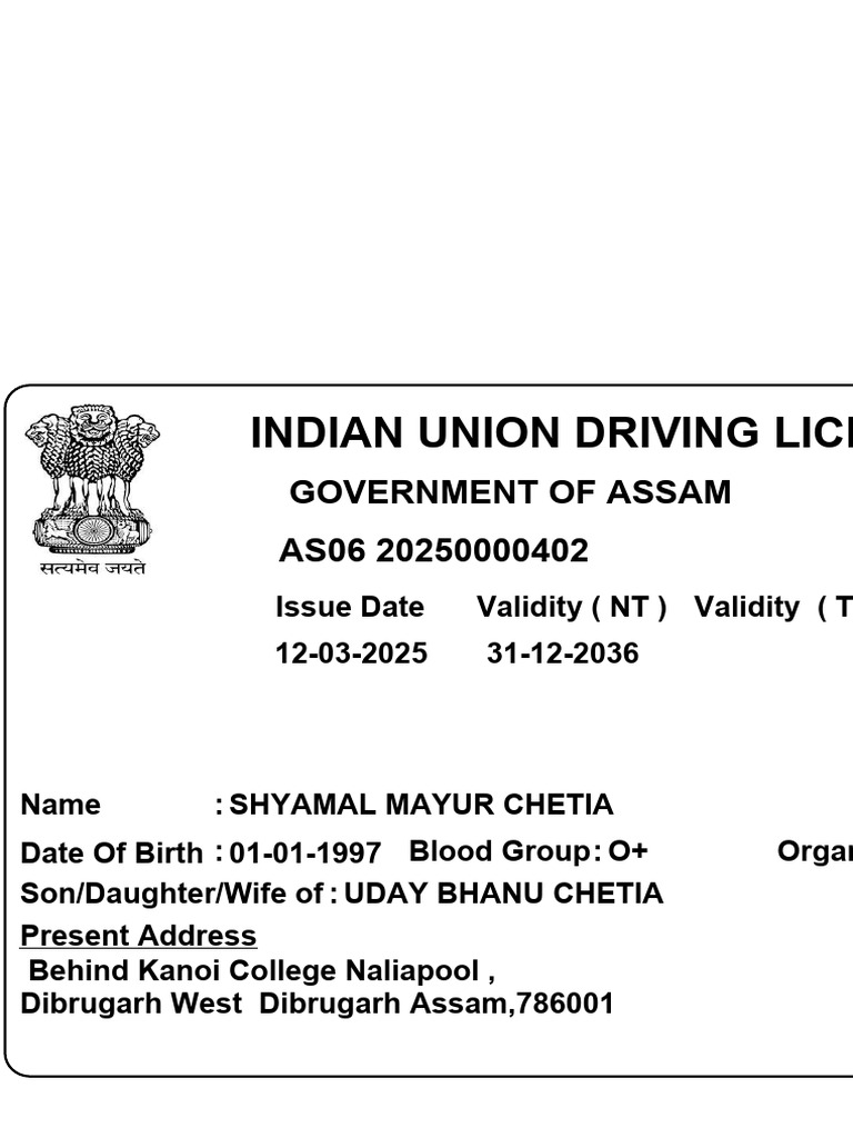 Indian Union Driving Licence: Government of Assam AS06 20250000402 | PDF