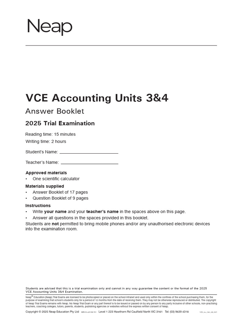 VCE Accounting Units 3&4 Answer Booklet 2025 | PDF | Debits And Credits ...