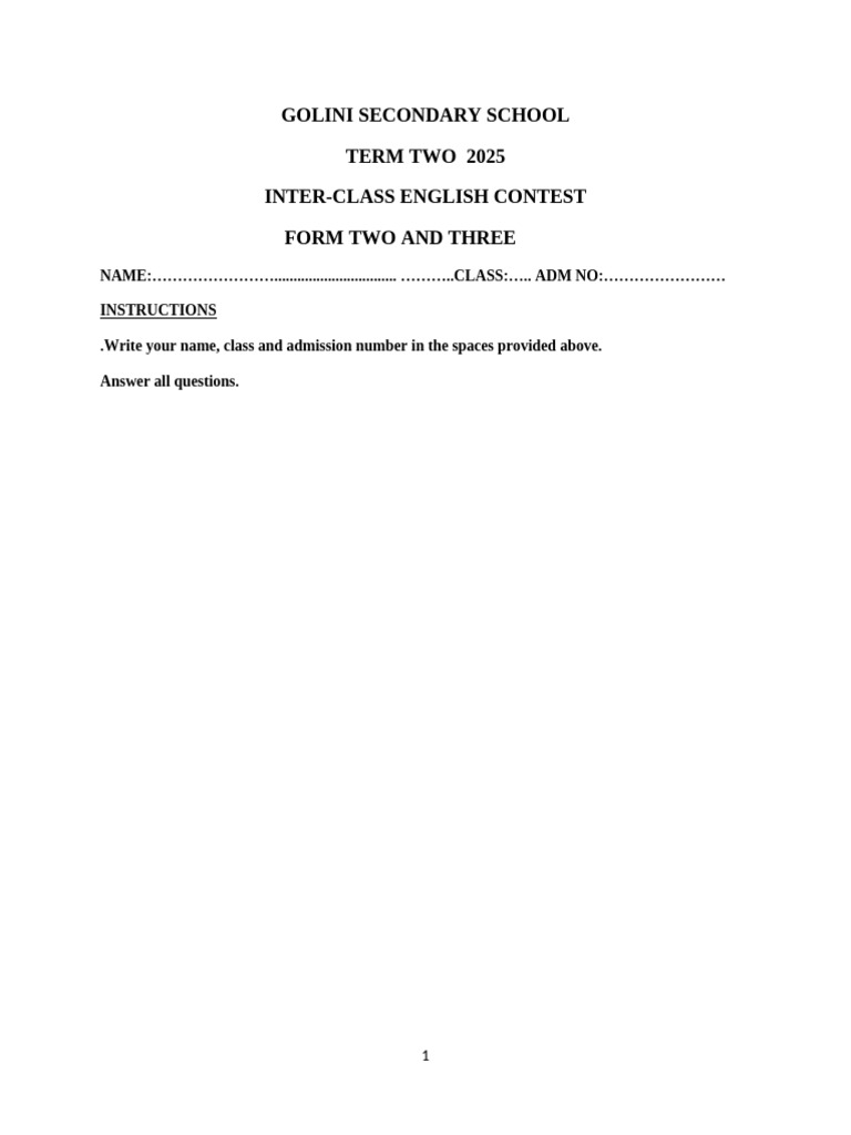 Golini Secondary Schoo1 Eng Contest | PDF