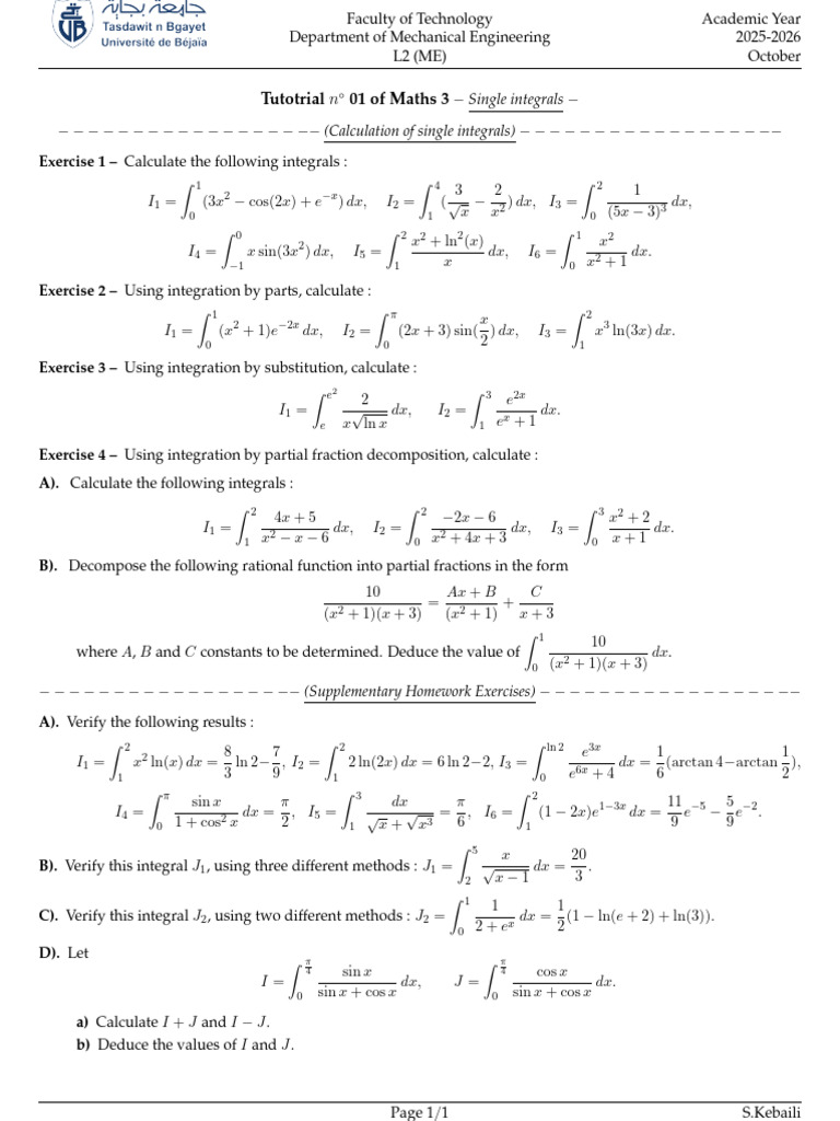 Maths 3: Single Integrals Exercises | PDF | Mathematical Analysis | Elementary Mathematics