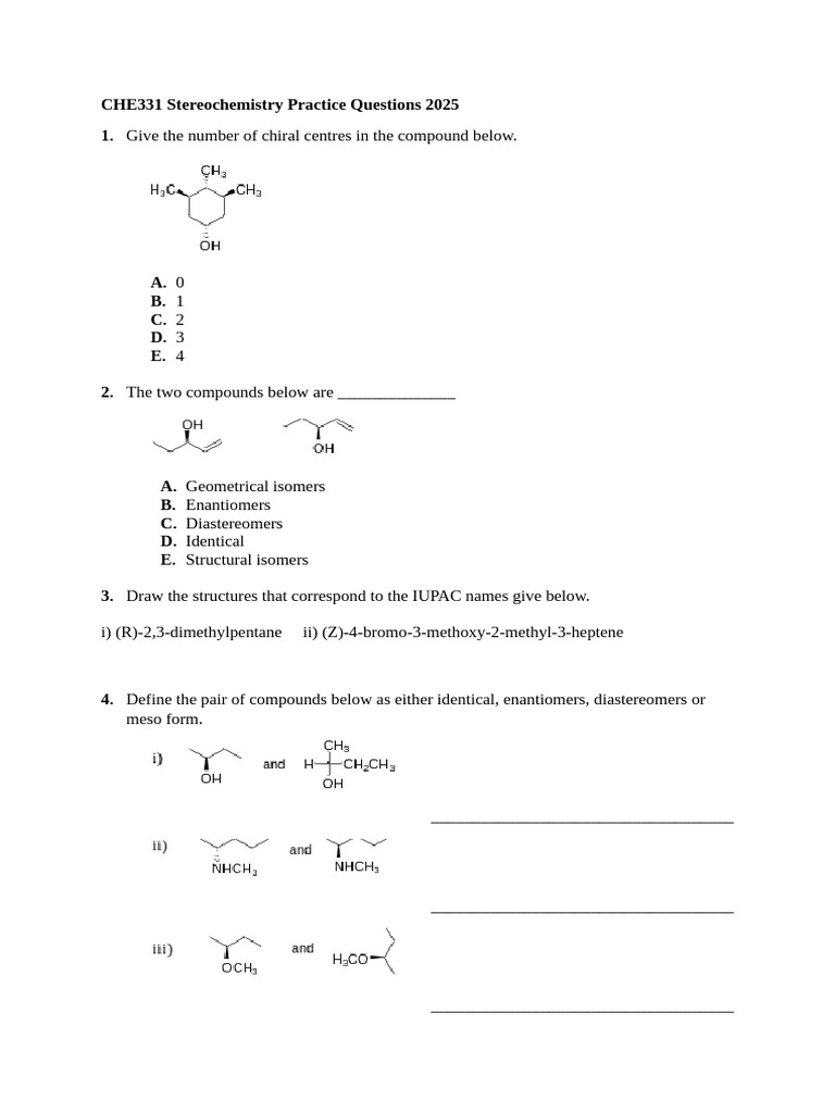 CHE331 Stereochemistry Practice Questions 2025 | PDF