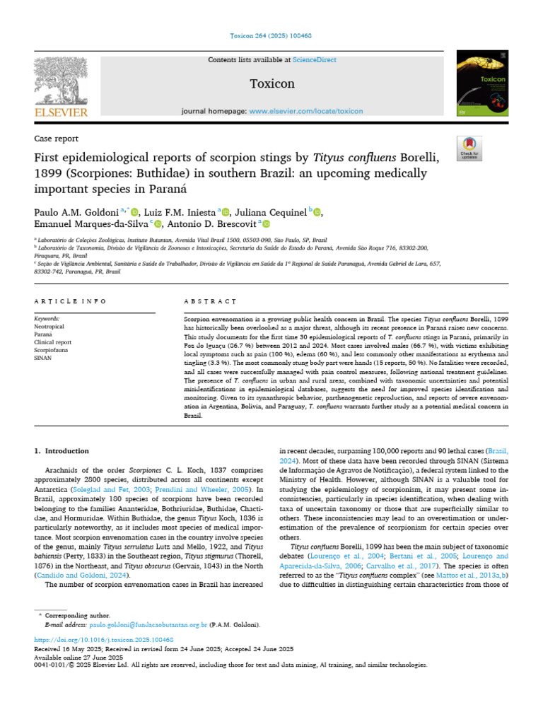 Tityus confluens Scorpion Stings in Brazil | PDF | Species