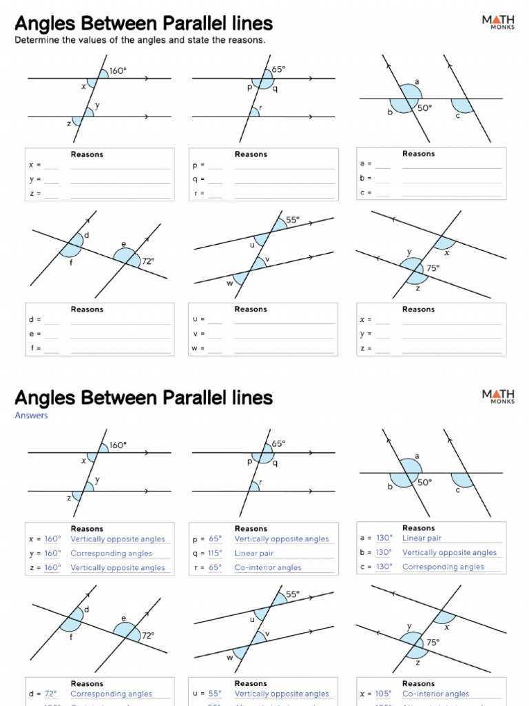 Angles Between Parallel Lines Worksheet | PDF