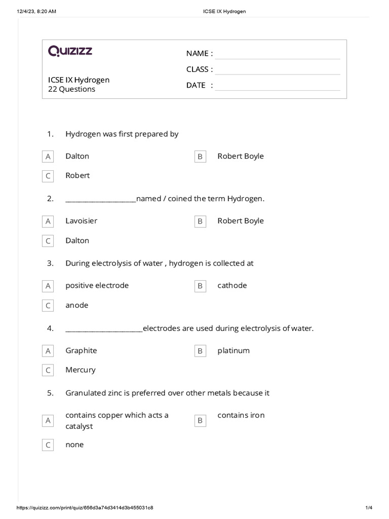ICSE IX Hydrogen Quiz Questions | PDF | Hydrogen | Sodium