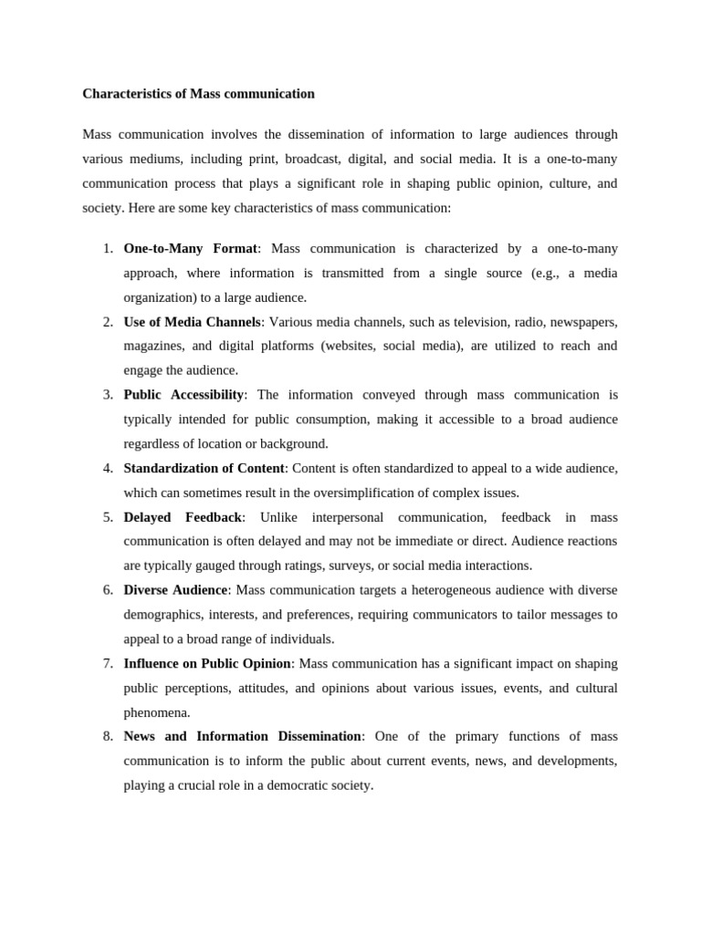 Characteristics of Mass Communication | PDF | Communication | Mass Media