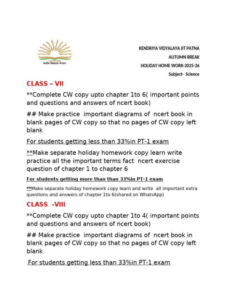 Science Holiday Homework | PDF