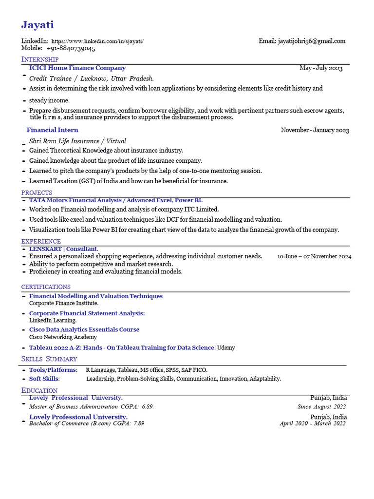 Finance CV Jayati LPU | PDF | Business