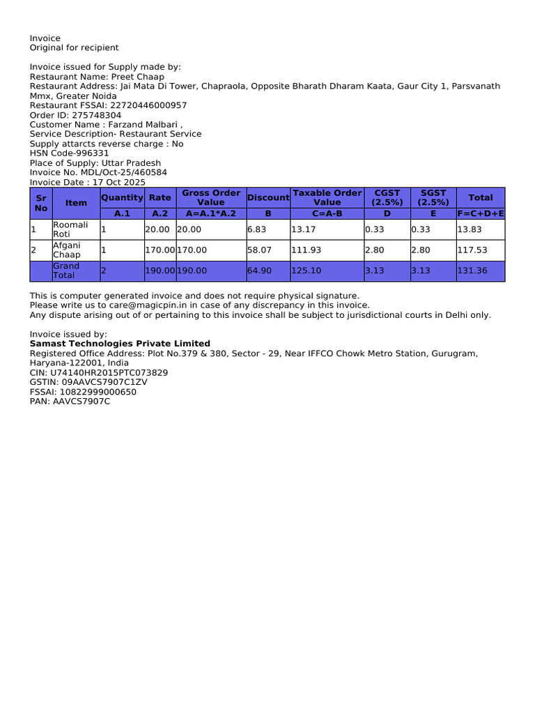 Invoice for Preet Chaap Restaurant Services | PDF