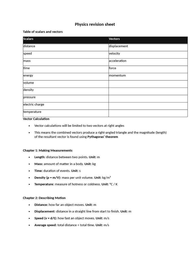 Physics Revision Sheet | PDF | Force | Velocity