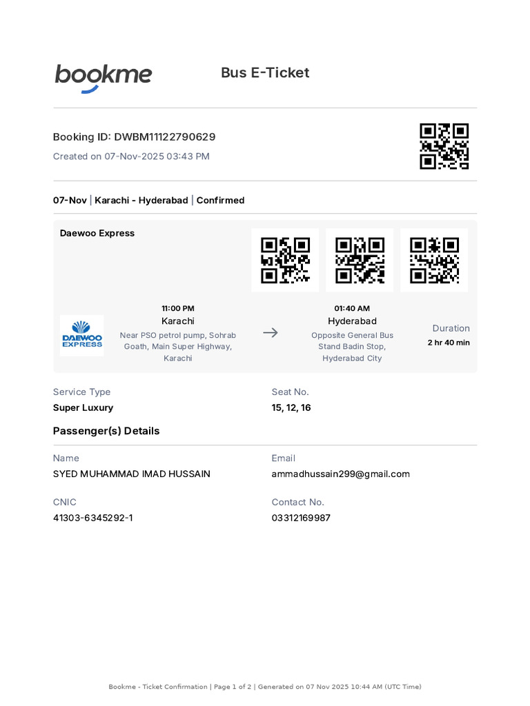 Daewoo Express Bus Ticket Confirmation | PDF