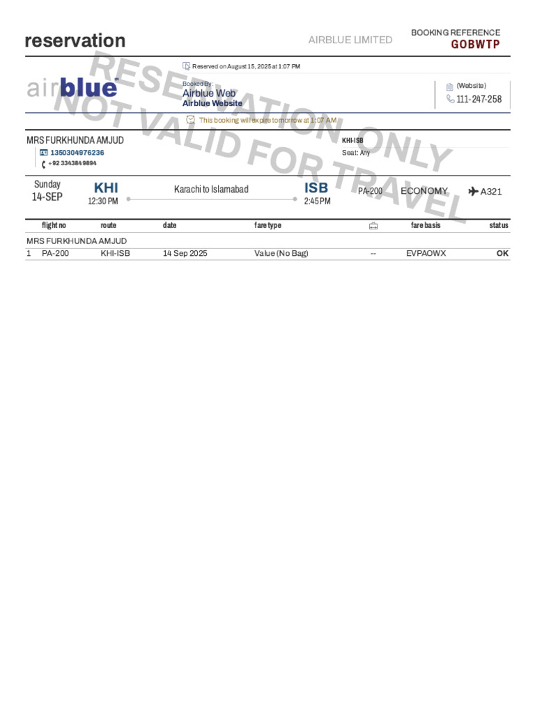 Airblue Flight Reservation Details | PDF | Airlines