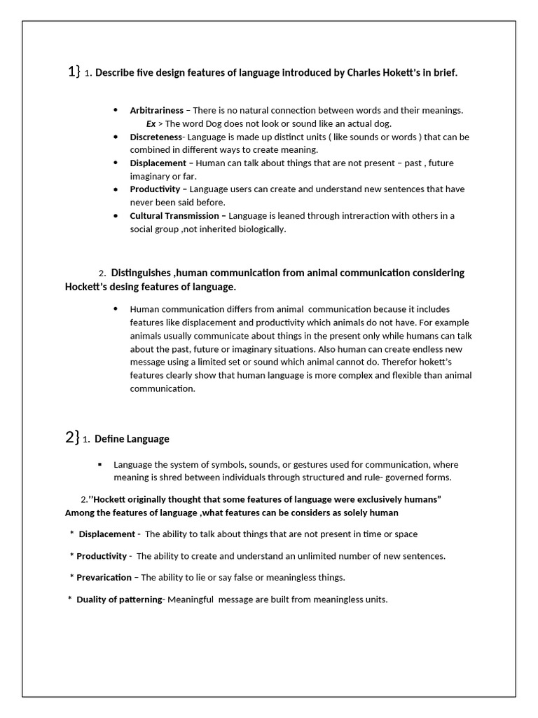 Hockett's Language Features Explained | PDF | Language Acquisition ...