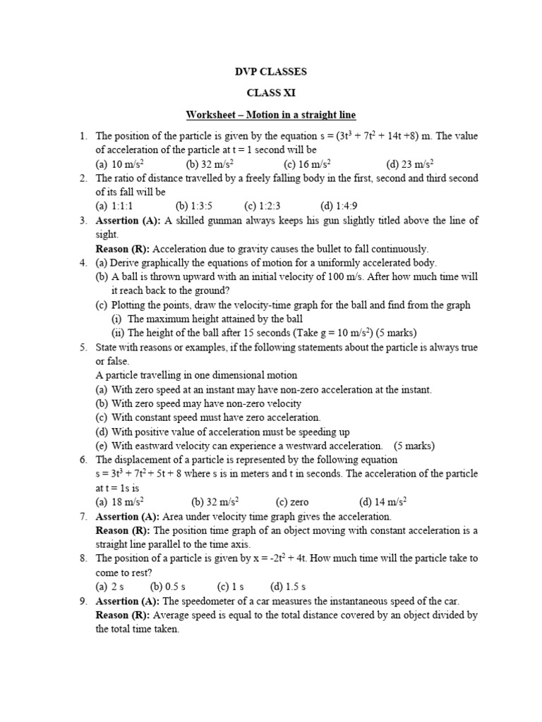 DVP11 - Motion in Straight Line - WS - 2025-26 | PDF | Acceleration ...