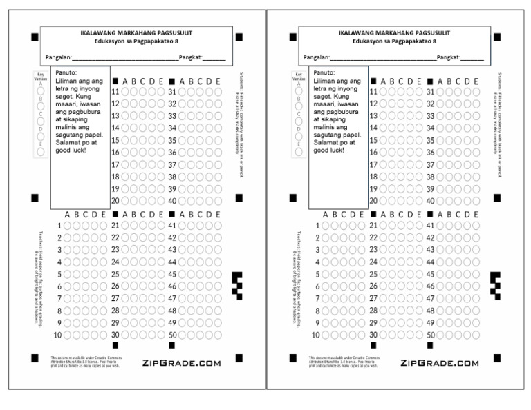 50-Item ZIP ESP Answer Sheet | PDF