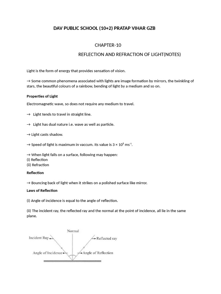 Notes For Reflection of Light | PDF | Mirror | Light