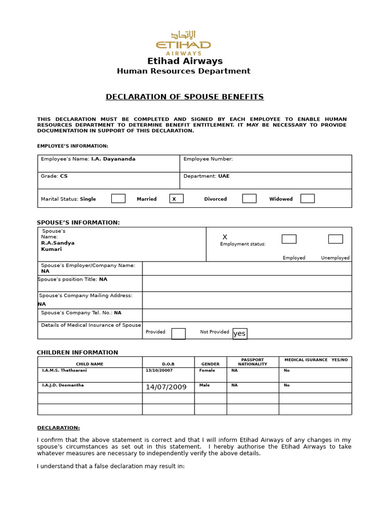 Declaration of Spouse Benefits | PDF