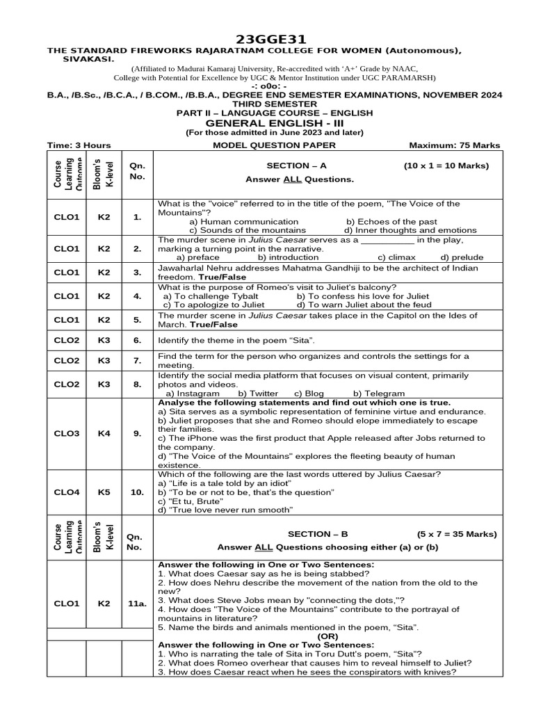 23GGE31 - General English-III MQP | PDF | Question