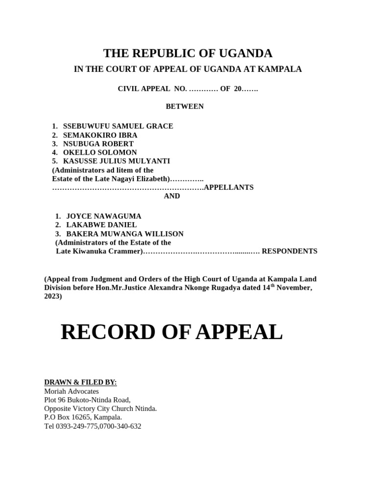 Uganda Court of Appeal Civil Appeal Record | PDF | Judgment (Law) | Courts