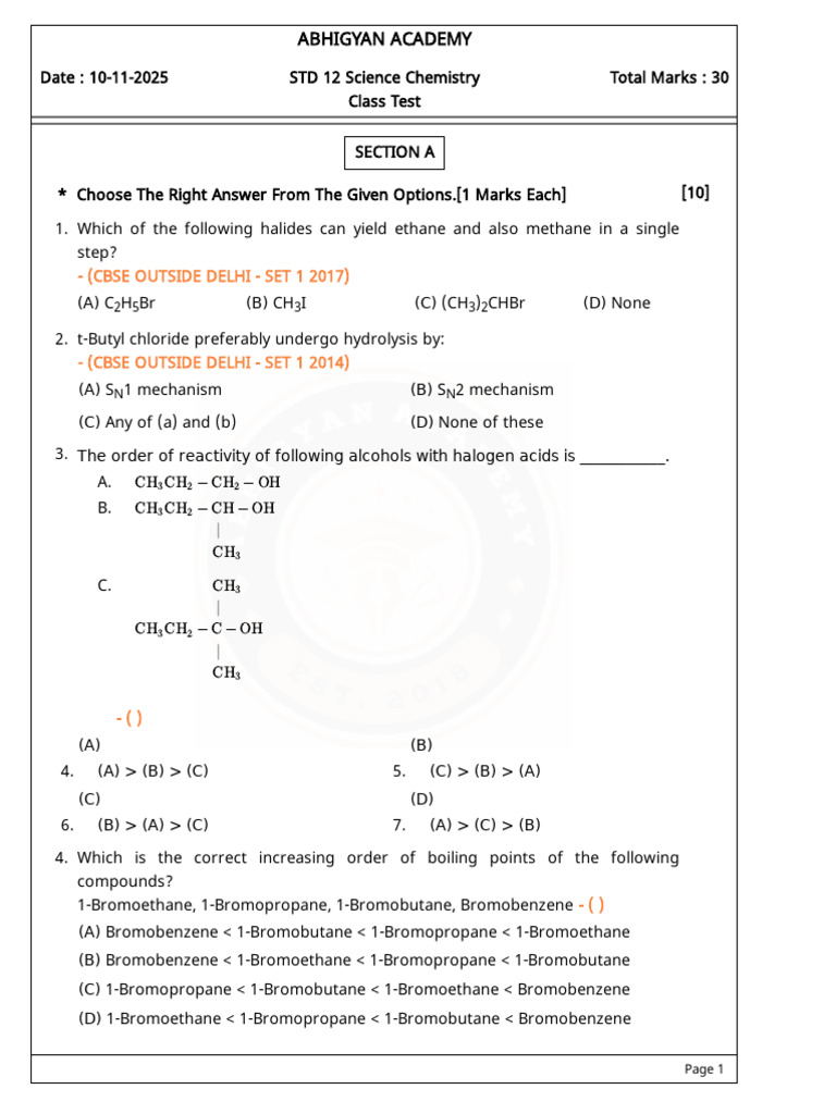 Class Test Question | PDF | Organic Chemistry | Chemistry