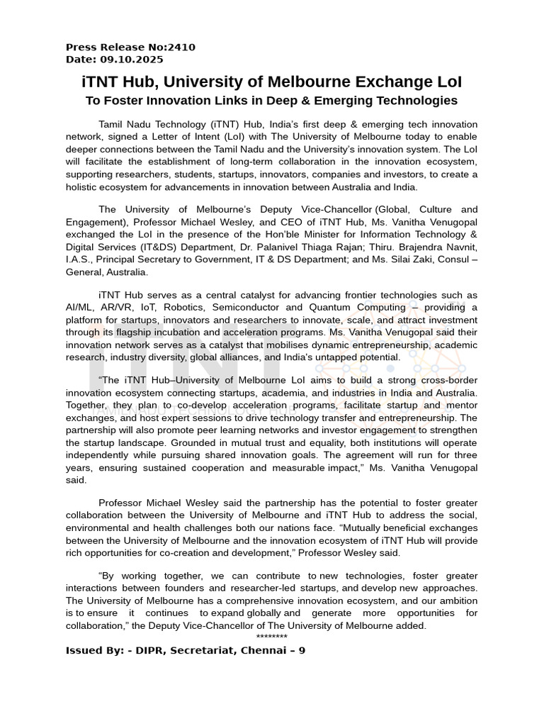 DIPR.P.R.no.2410 ITNT Hub x Melbourne University English Press Release ...