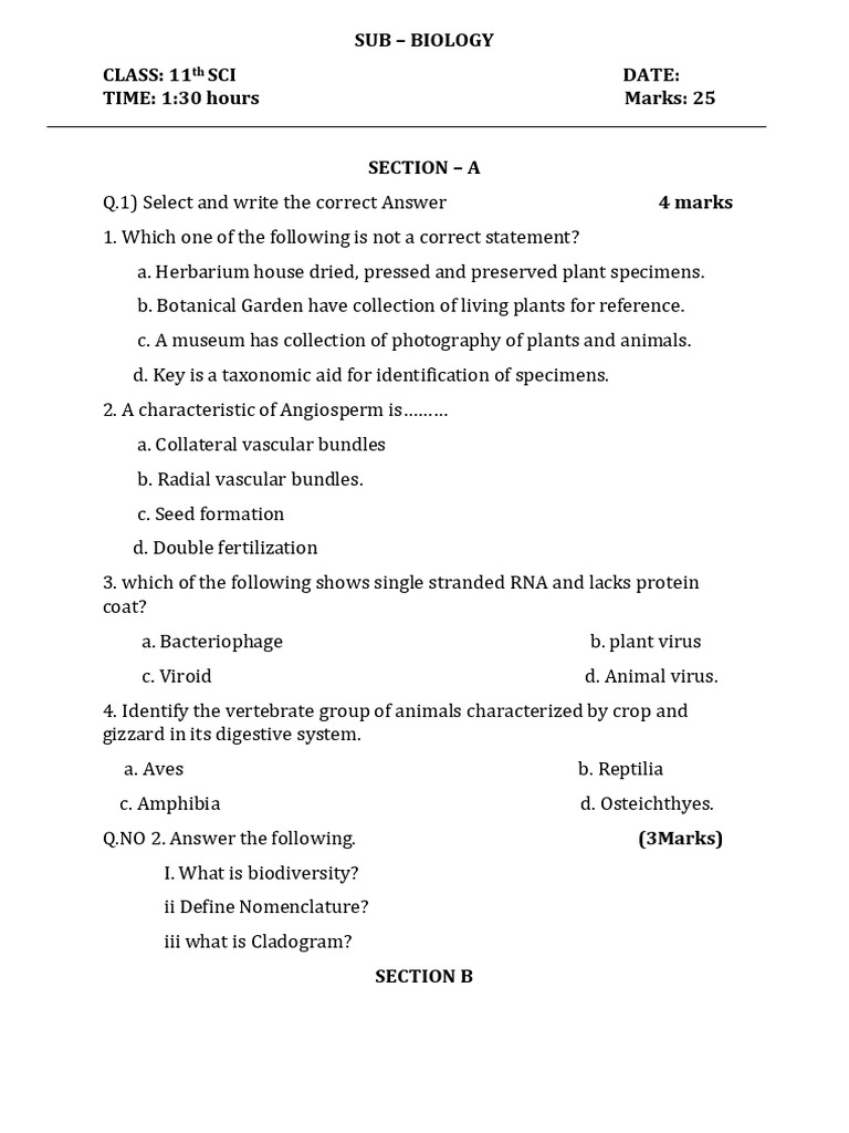 11 TH STD Biology Unit Test-1 Q. Paper | PDF