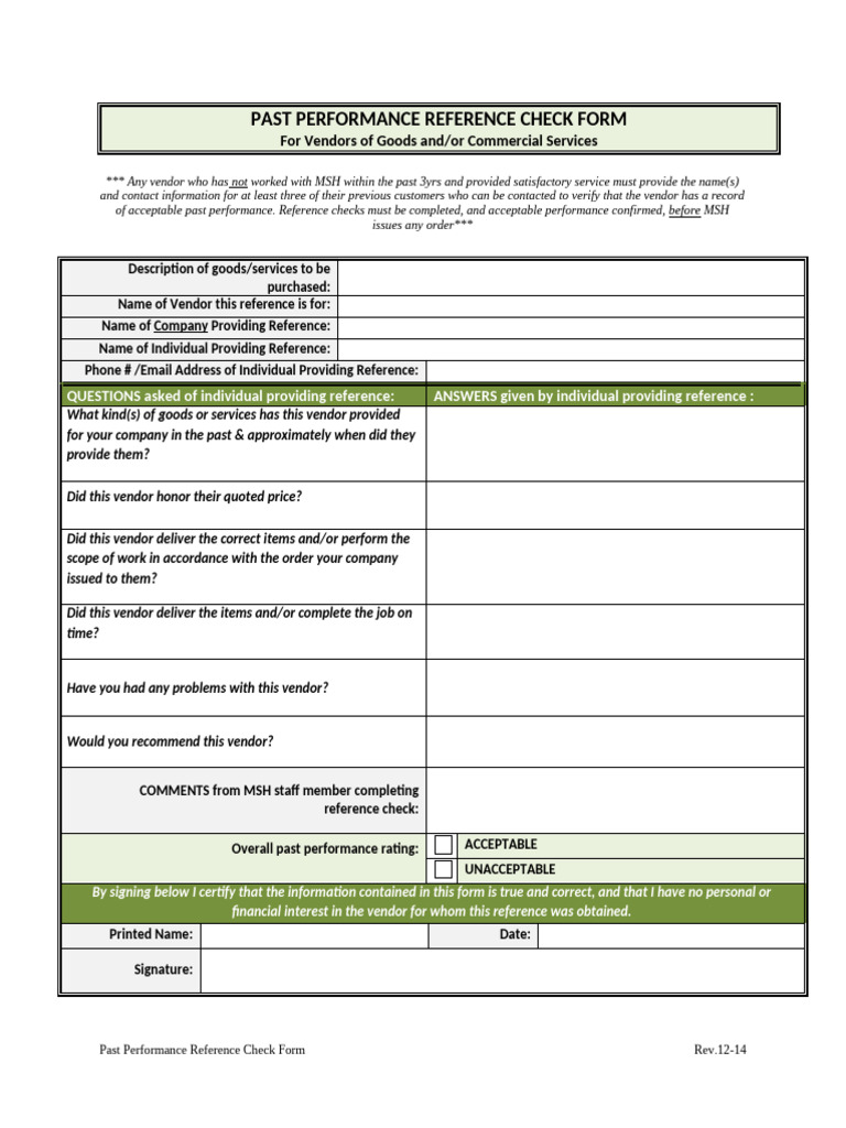 Vendor Past Performance Reference Form | PDF