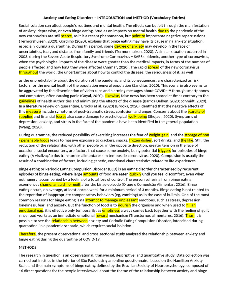 Anxiety and Eating Disorders METHOD | PDF | Anxiety | Eating