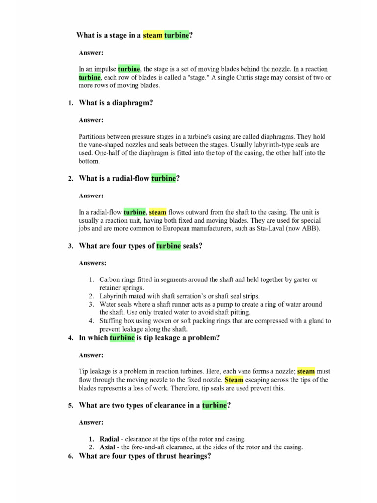 Questions and Answers For Steam Turbines | PDF