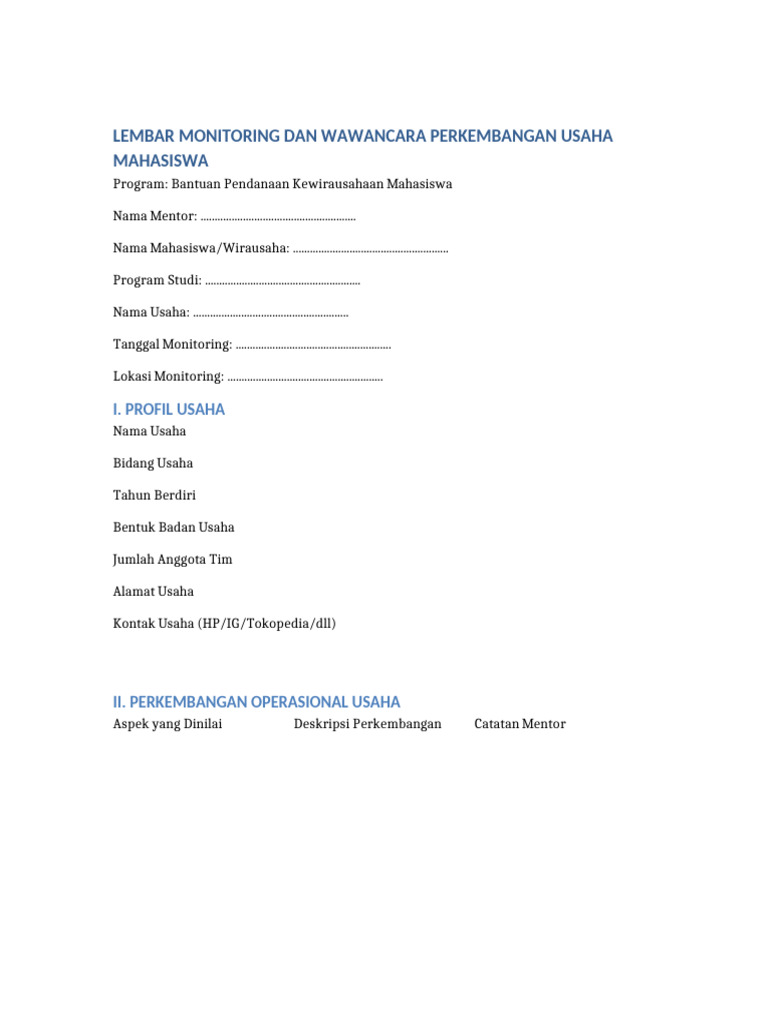 Lembar Monitoring Usaha Mahasiswa | PDF