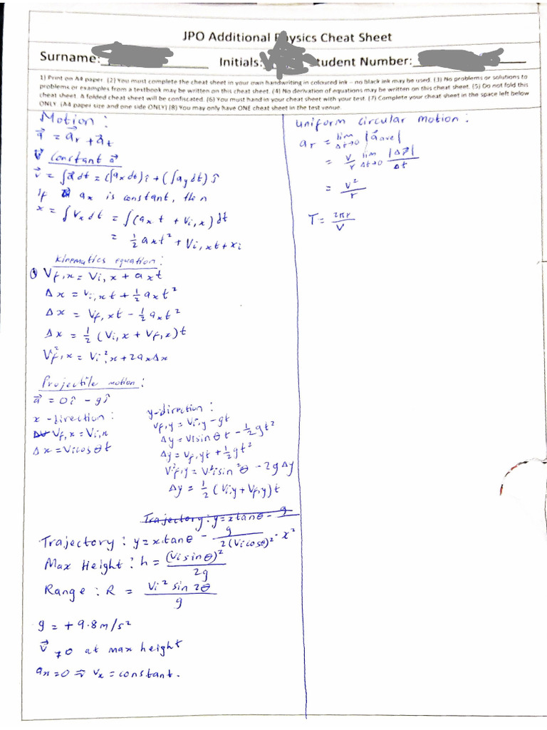 Additional Physics Motion Cheat Sheet | PDF