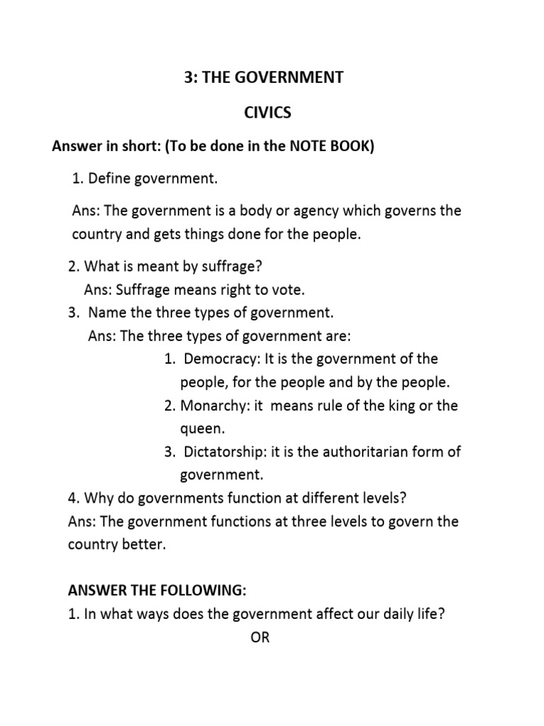 6.CIVICS CH-3 The Government (Answerkey) | PDF | Suffrage | Democracy