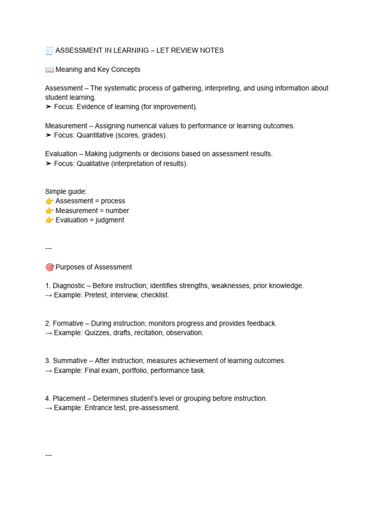 ? Assessment in Learning - Let Review Notes | PDF | Educational ...