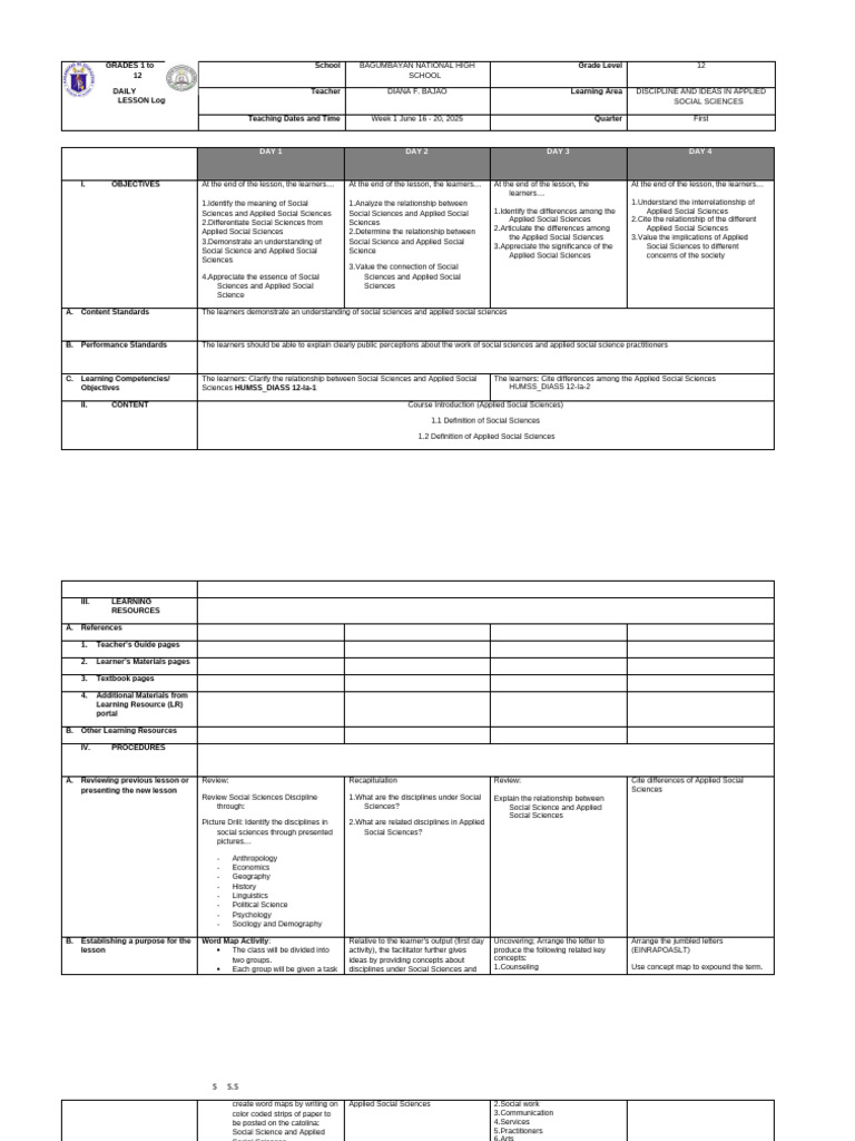 Diass Dll Week1 Qtr1 | PDF | Social Sciences | Science