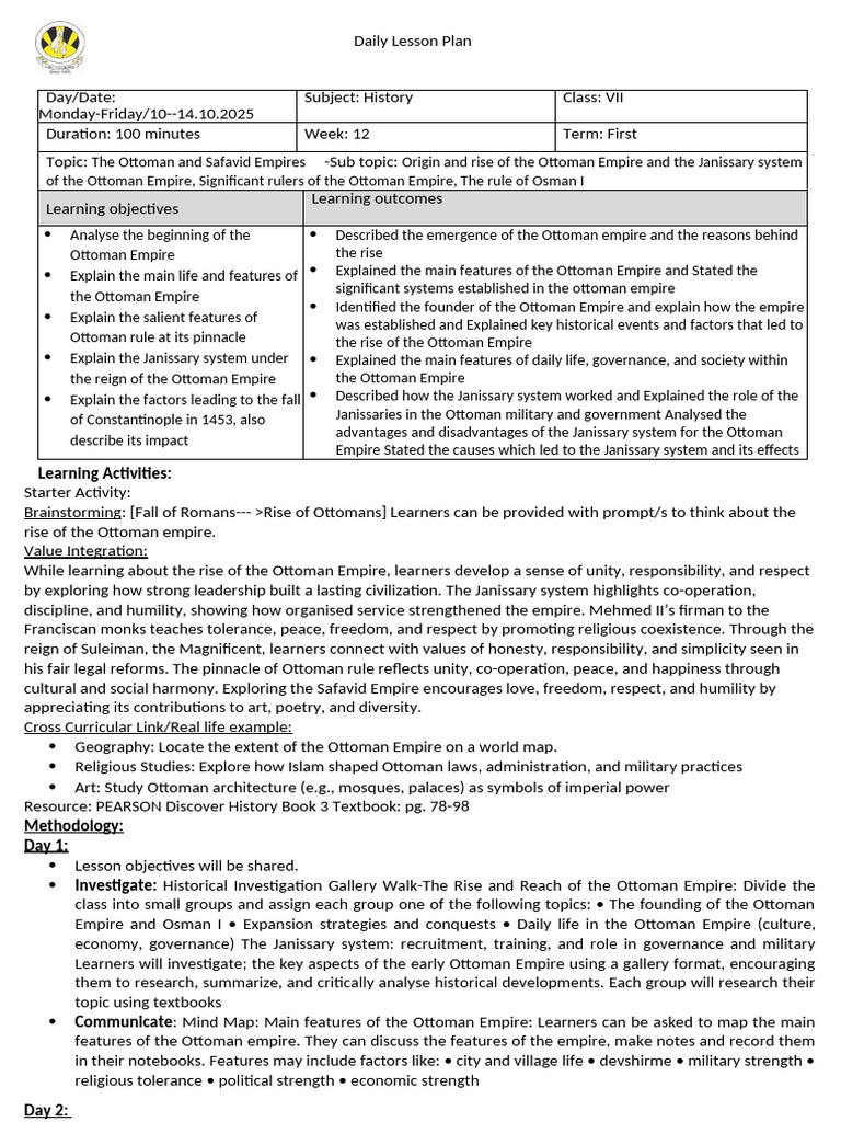 Ottoman Empire Lesson Plan for Class VII | PDF | Ottoman Empire